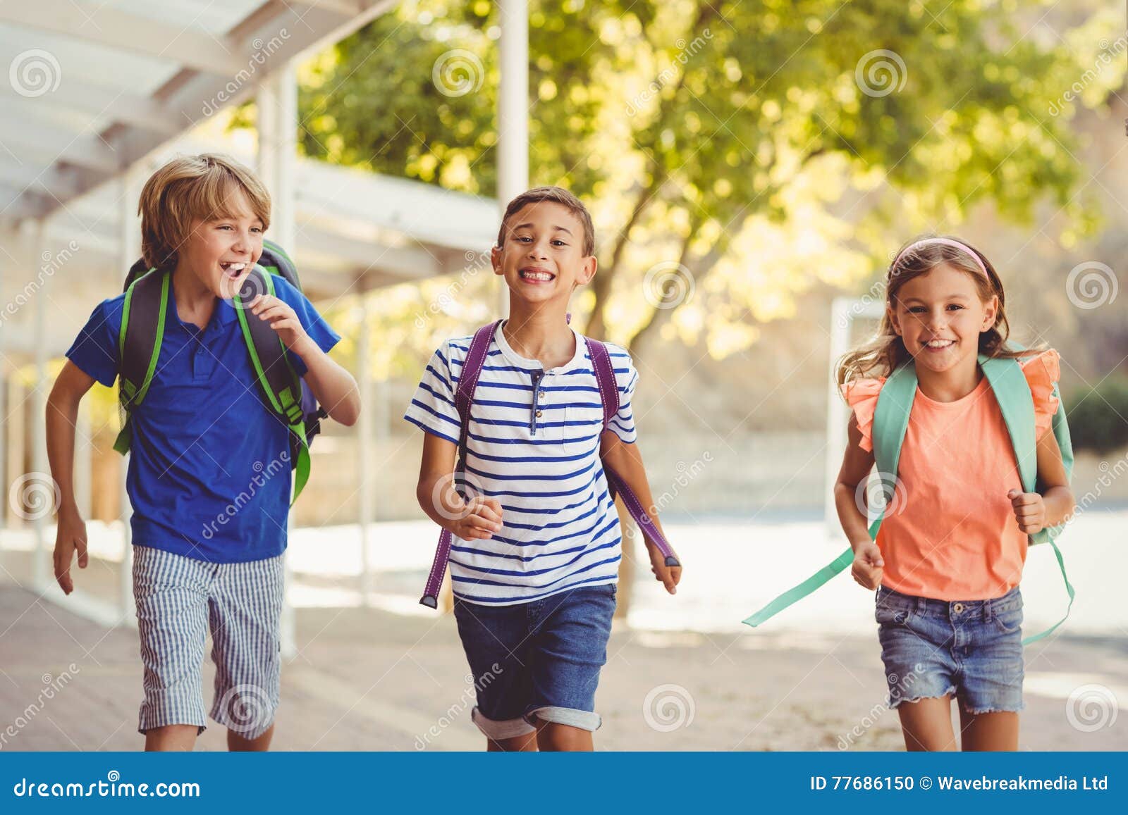 Happy School Kids Running in Corridor Stock Photo - Image of length ...