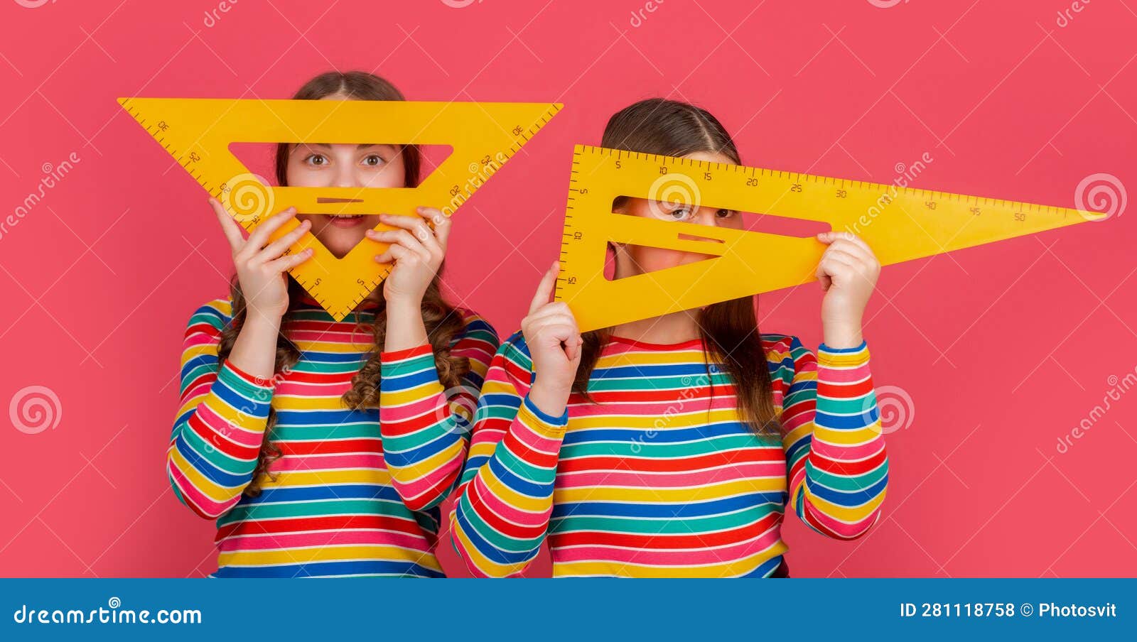Happy School Students Hold Math Tool of Triangle Stock Photo - Image of ...