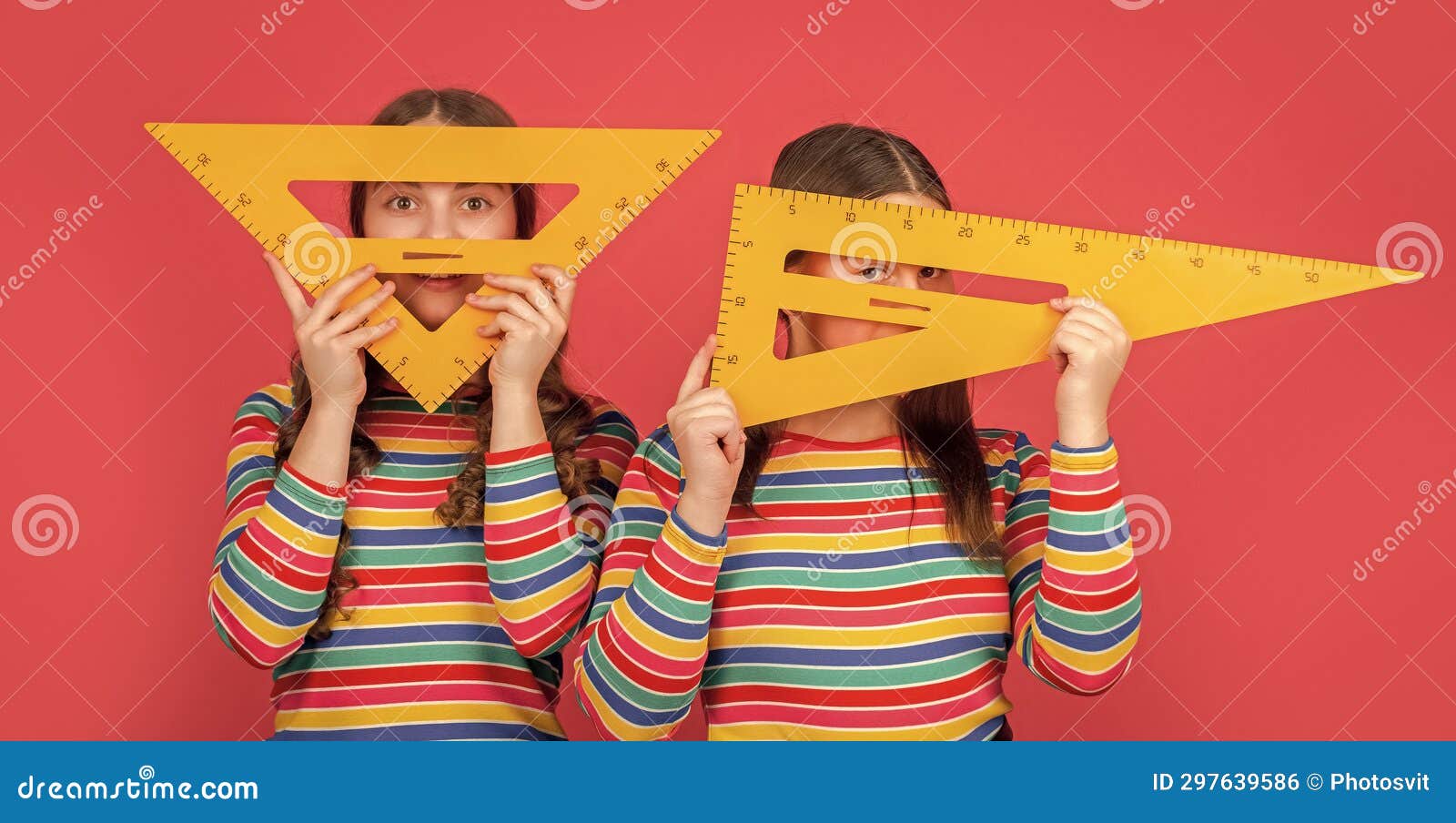 Happy School Students Hold Math Tool of Triangle Stock Photo - Image of ...