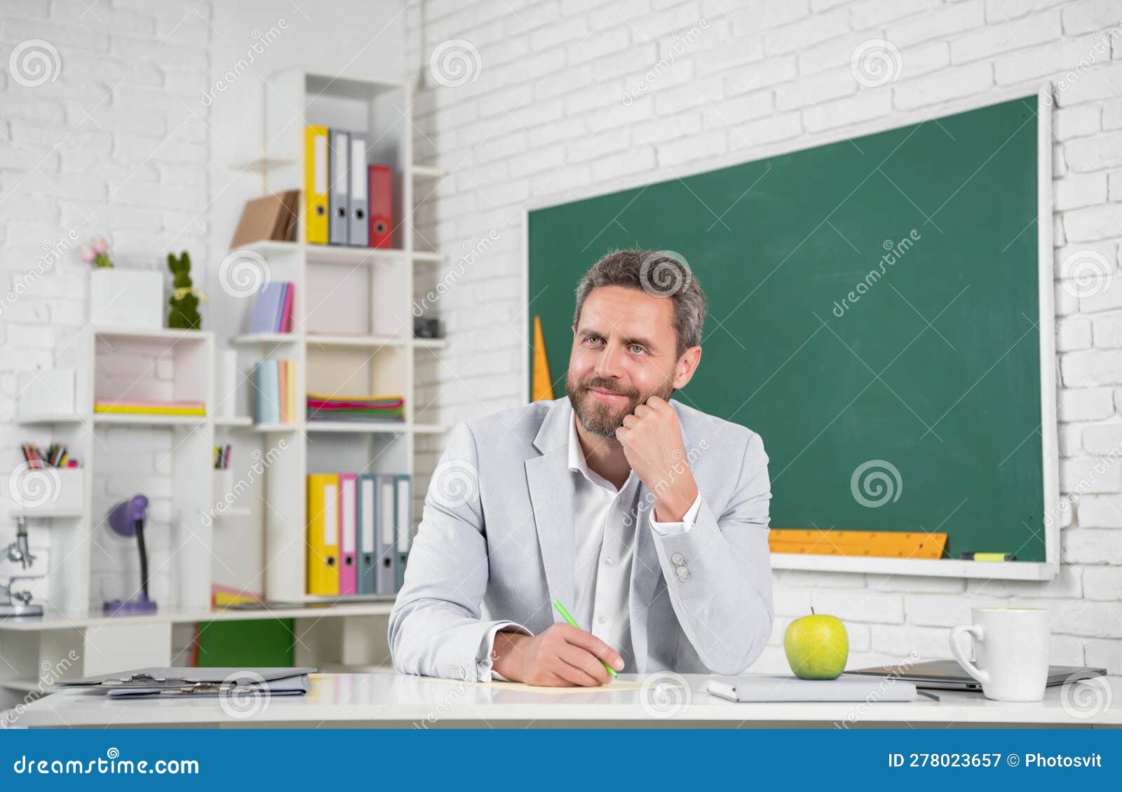 Happy School Tutor in Classroom at Blackboard Stock Image - Image of ...
