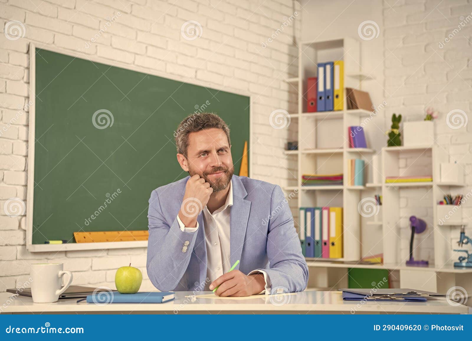 Happy School Tutor in Classroom at Blackboard Stock Photo - Image of ...