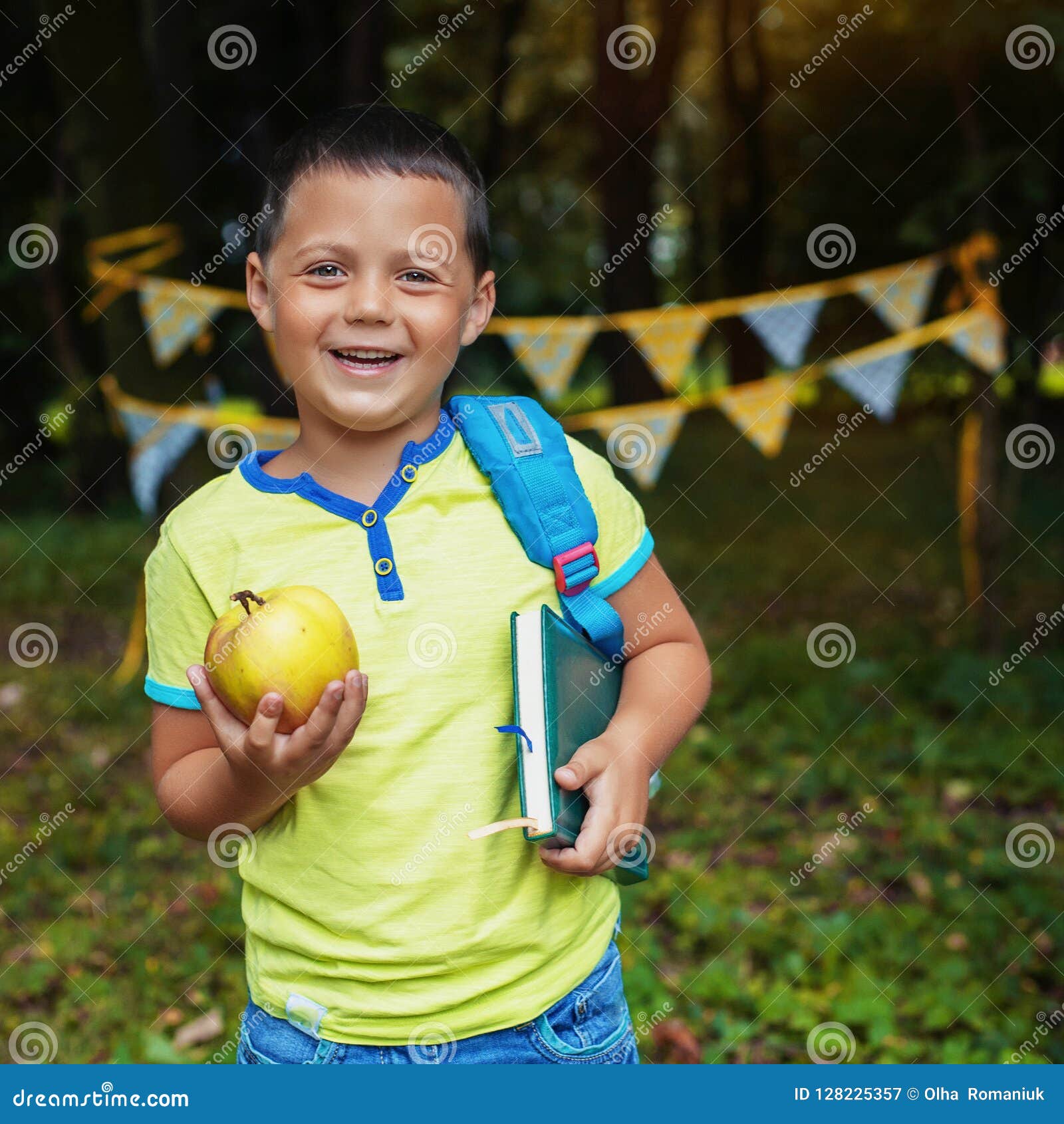 Happy Schoolboy with a Backpack and Book. Square Stock Image - Image of ...