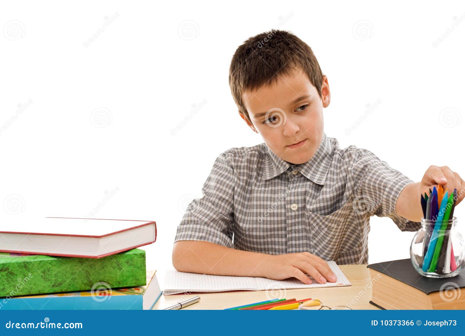 Happy Schoolboy Take the Pencil Stock Photo - Image of sitting ...