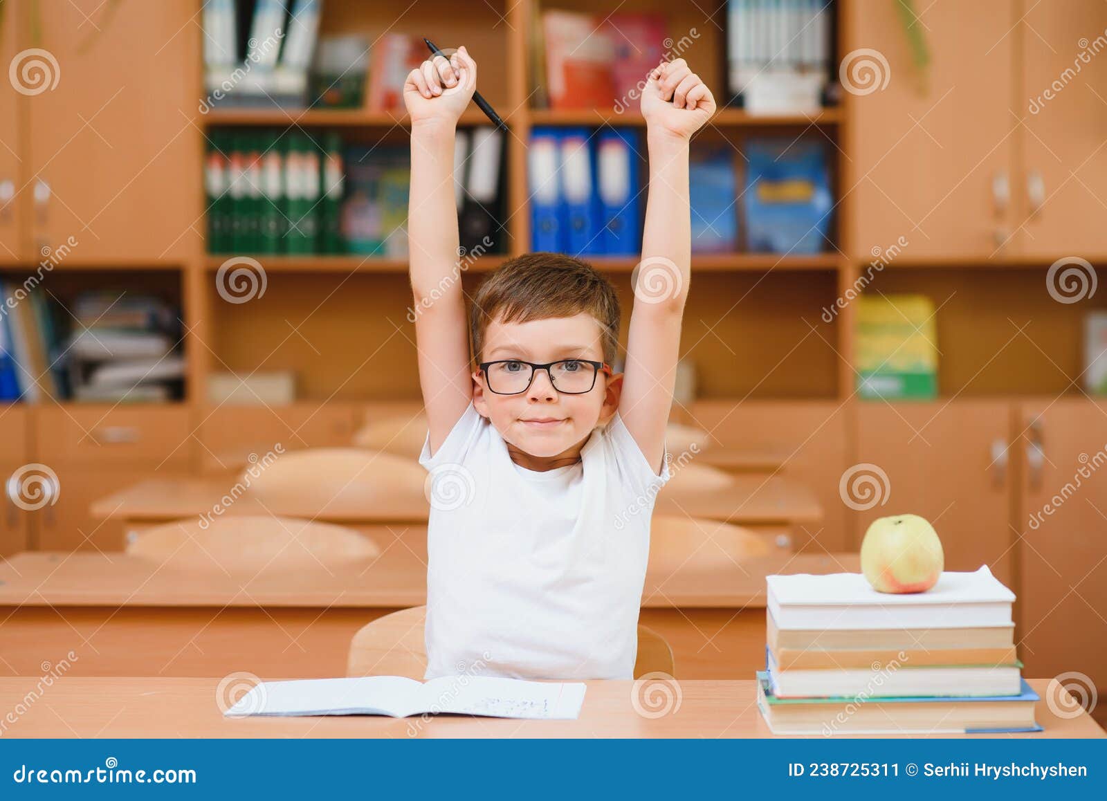Happy Schoolboys Sitting at Desk, Classroom Stock Image - Image of ...