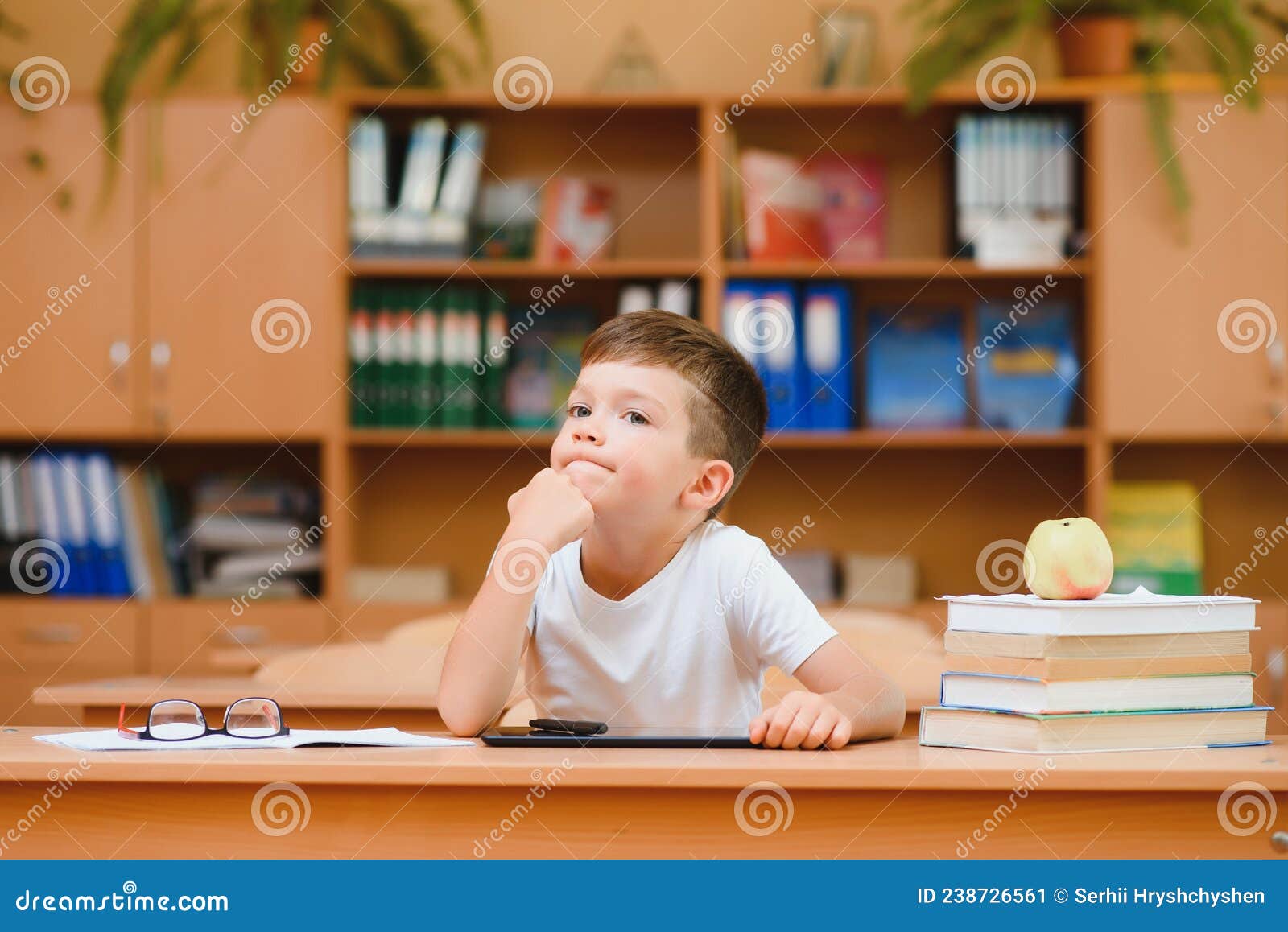 Happy Schoolboys Sitting at Desk, Classroom Stock Image - Image of ...
