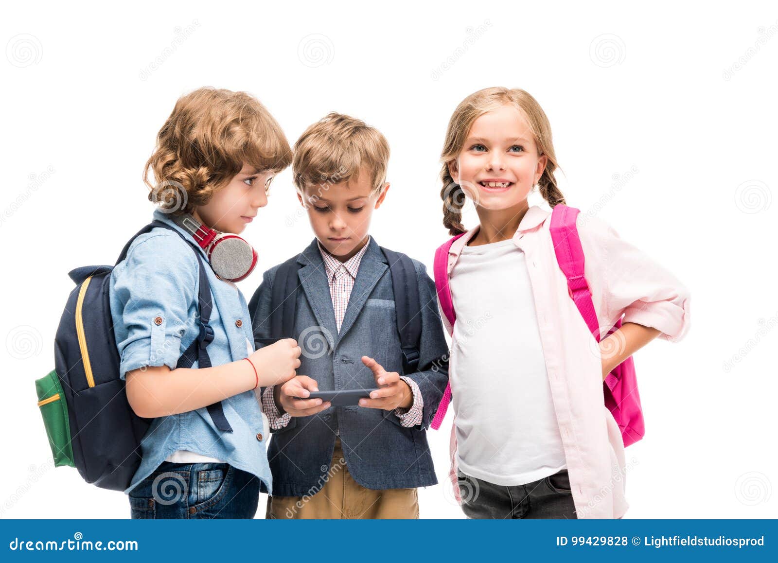 Schoolchildren Using Smartphone Stock Photo - Image of studying ...