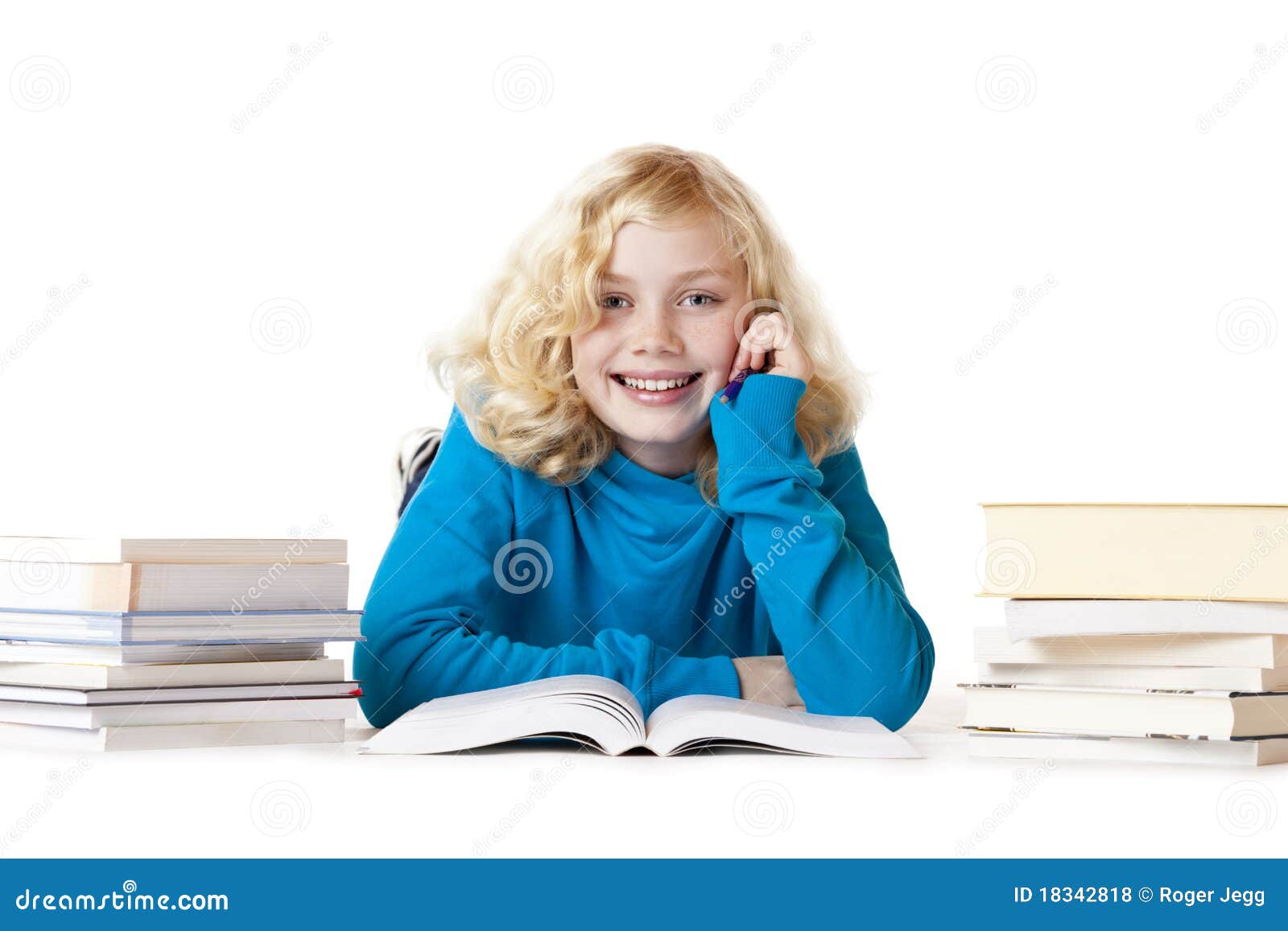 Happy Schoolgirl Lying on Floor Doing Homework Stock Photo - Image of ...