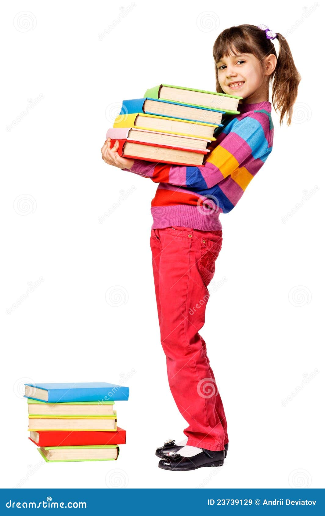 Happy Schoolgirl with a Stack of Heavy Books Stock Image - Image of ...