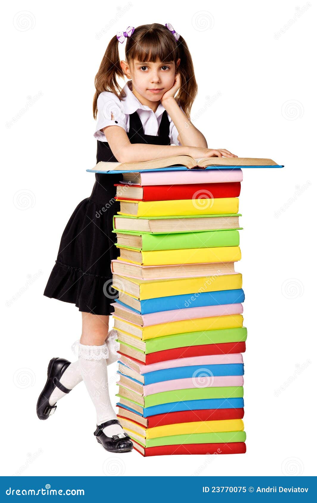 Happy Schoolgirl with a Stack of Heavy Books Stock Image - Image of ...