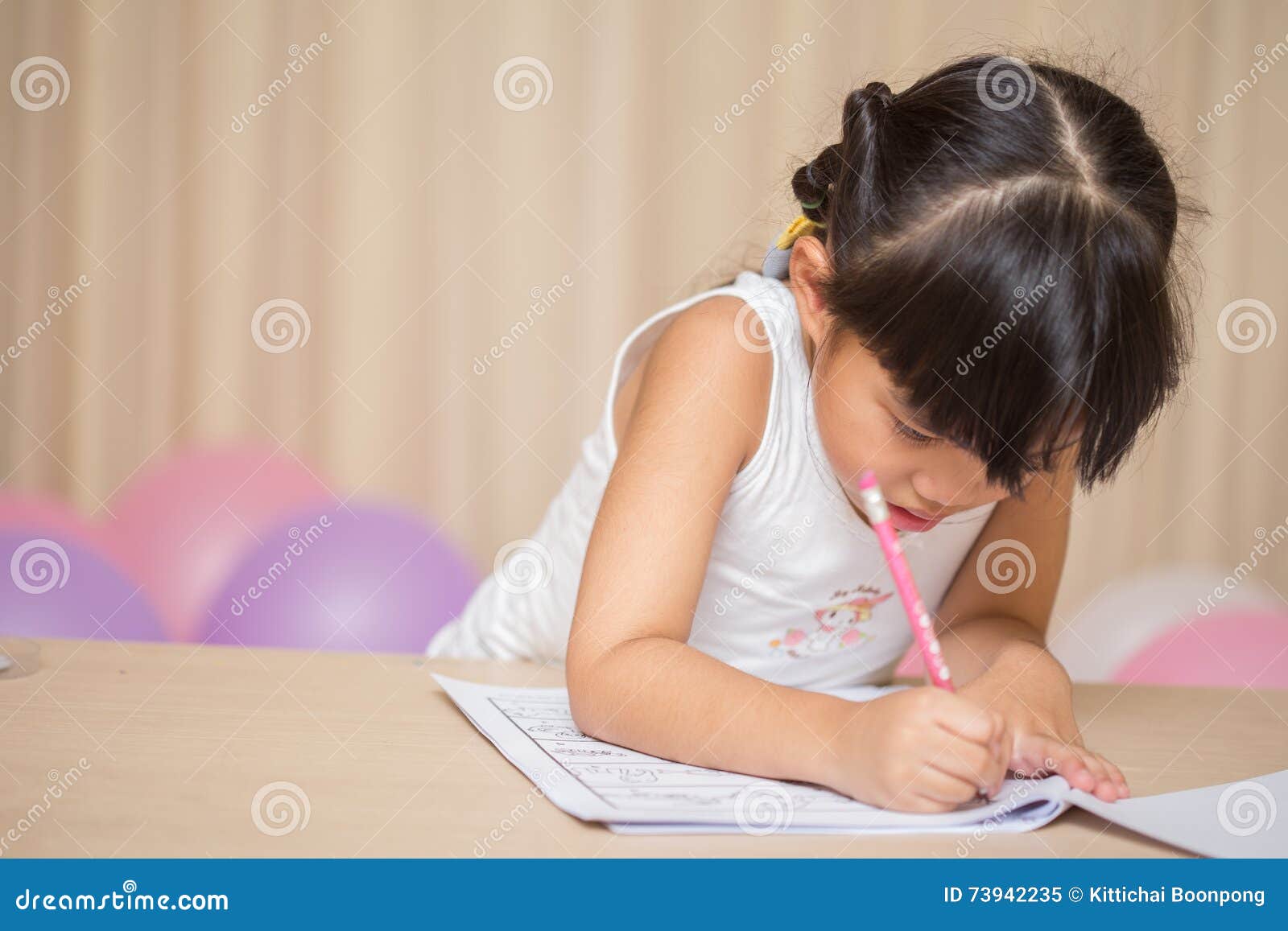 Happy Schoolgirl Works on Her Homework Stock Image - Image of pencil ...