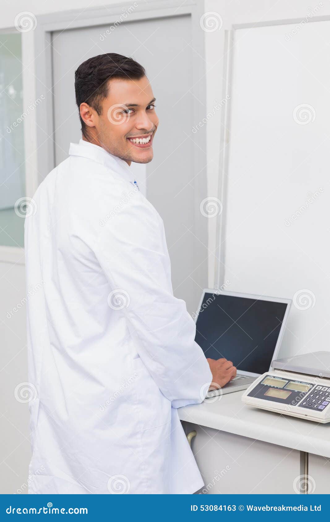 Happy Scientist Using Laptop Stock Image - Image of microscope, biology ...