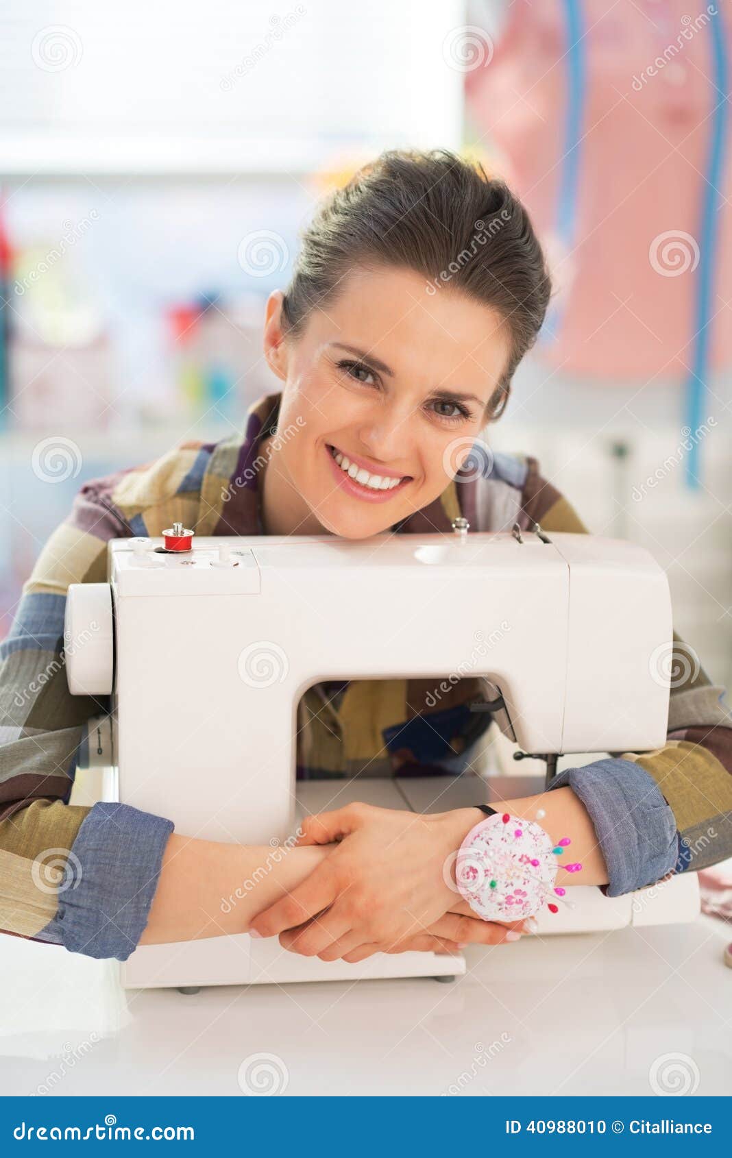 Happy Seamstress Embracing Sewing Machine Stock Photo - Image of design ...