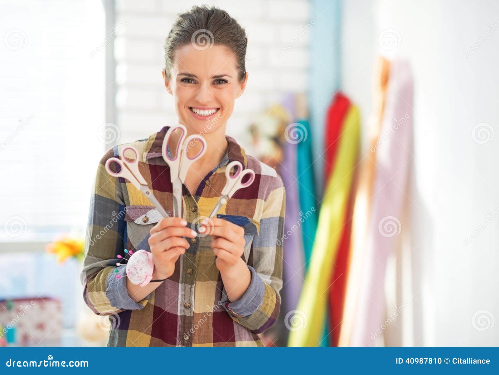 Happy Seamstress Showing Scissors Stock Photo - Image of copy, industry ...