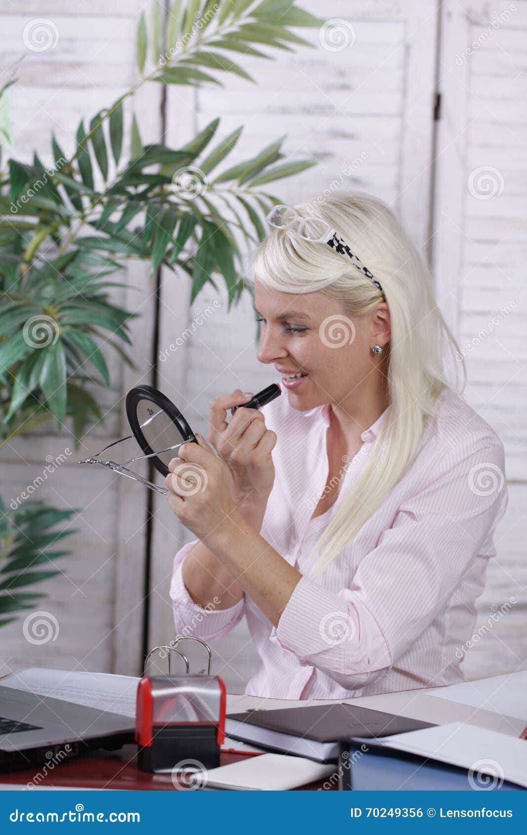 Happy Secretary Puts Some Lipstick on Stock Photo - Image of caucasian ...