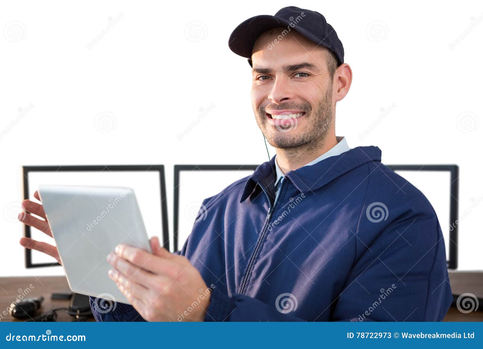 Happy Security Officer Using Digital Tablet at Desk Stock Image - Image ...