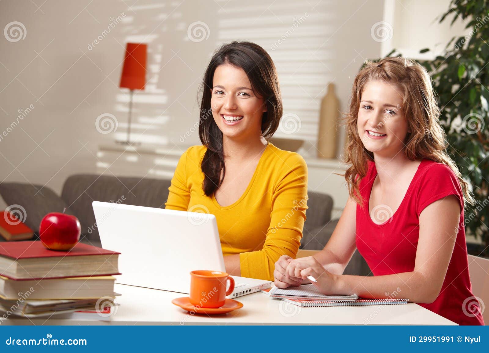 Portrait of Two Girls with Laptop Stock Image - Image of indoor, good ...
