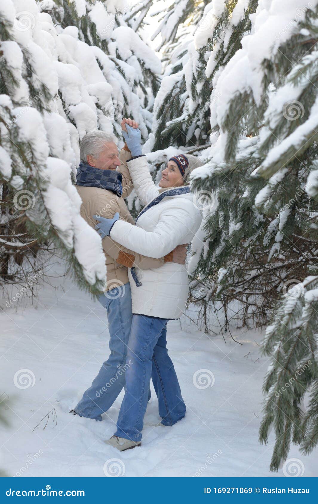 Happy Senior Couple Dancing At Snowy Winter Park Stock Image Image Of