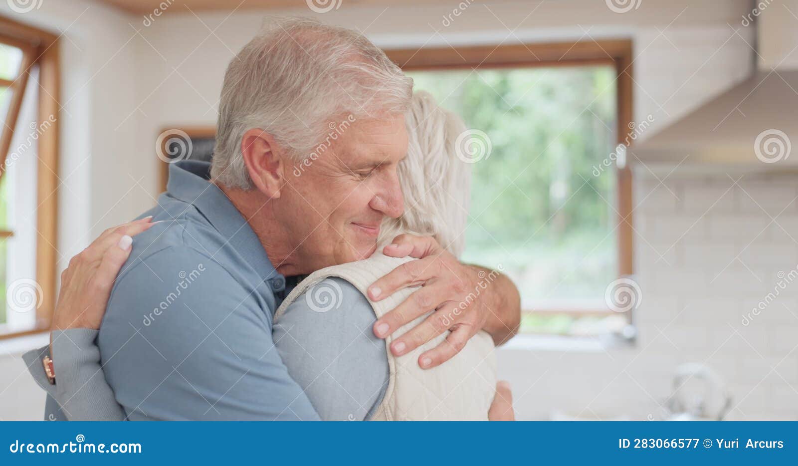 Happy Senior Couple Hug In Home For Love Care And Grateful For Bonding