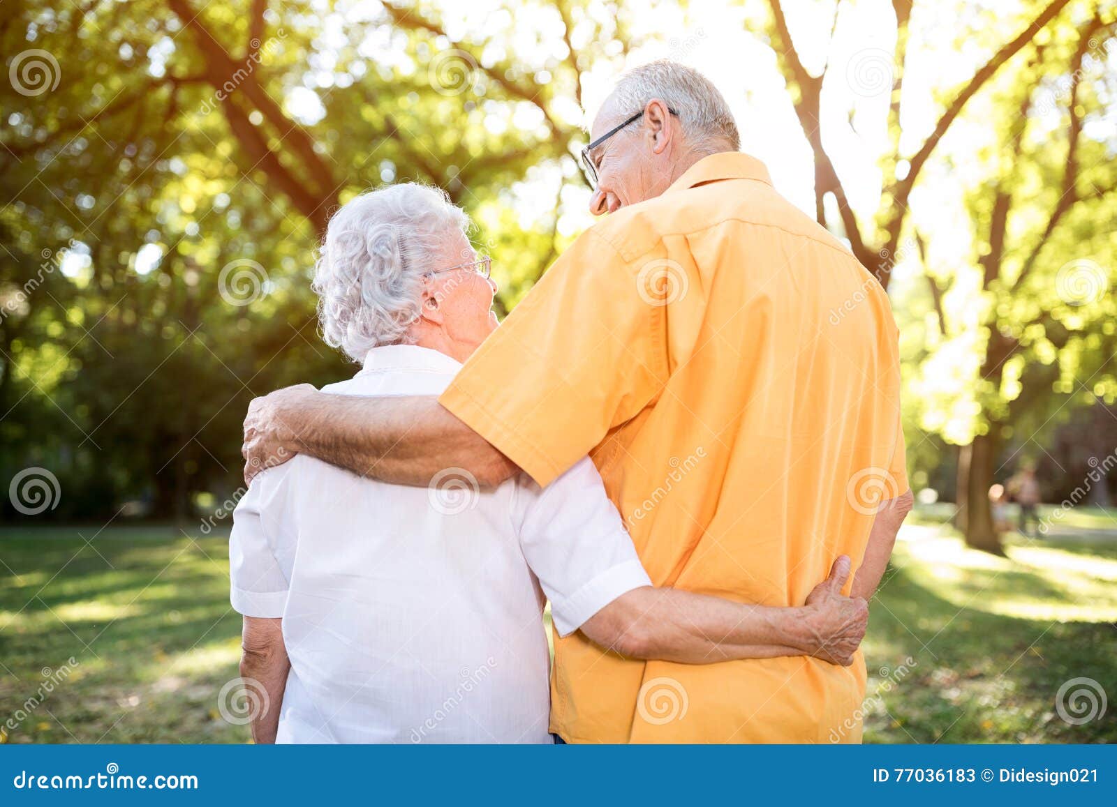 Happy Senior Couple Hugging in Park Stock Image - Image of portrait ...