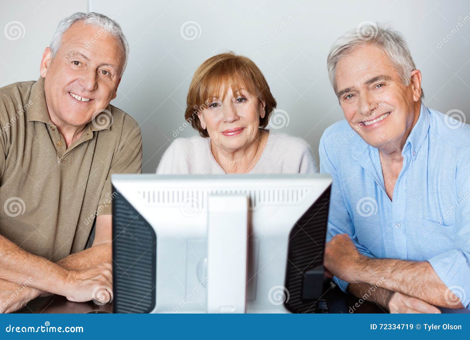 Happy Senior Friends Using Computer in Class Stock Image - Image of ...