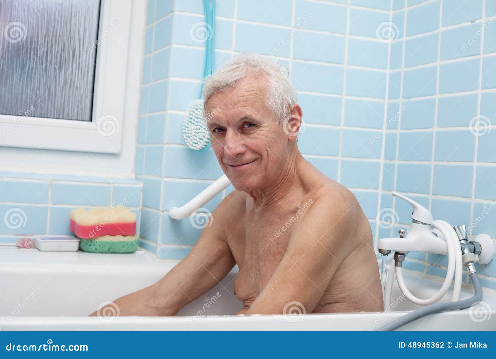 Happy senior man in bath stock photo. Image of healthcare - 48945362