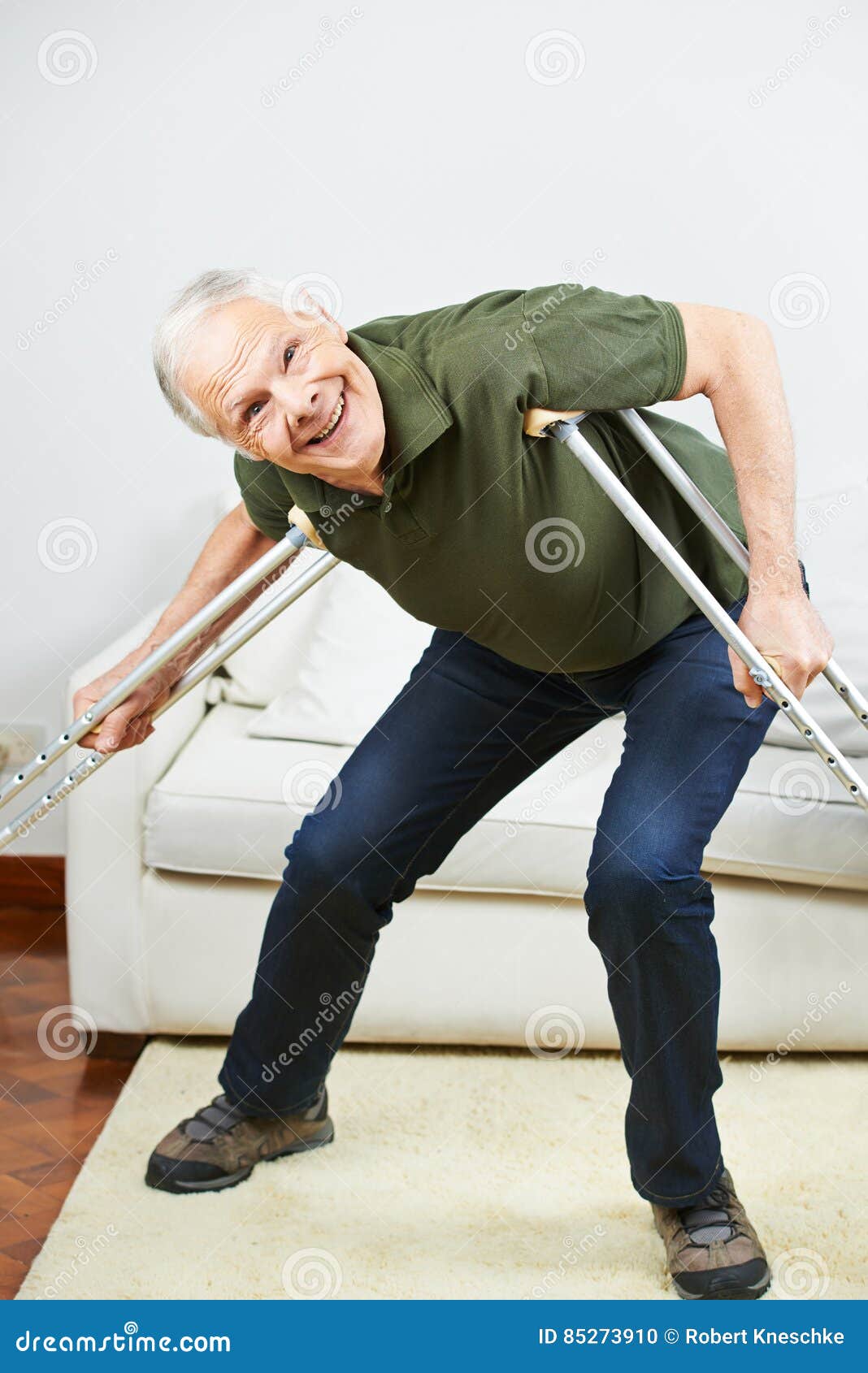 Happy Senior Man with Crutches Stock Photo - Image of home, citizens ...