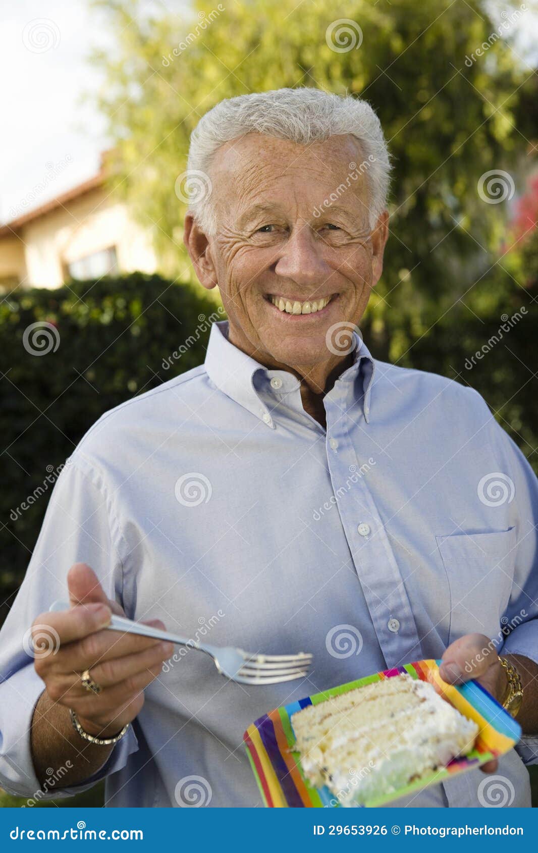 Happy Senior Man Eating Cake Stock Photo - Image of celebrating ...
