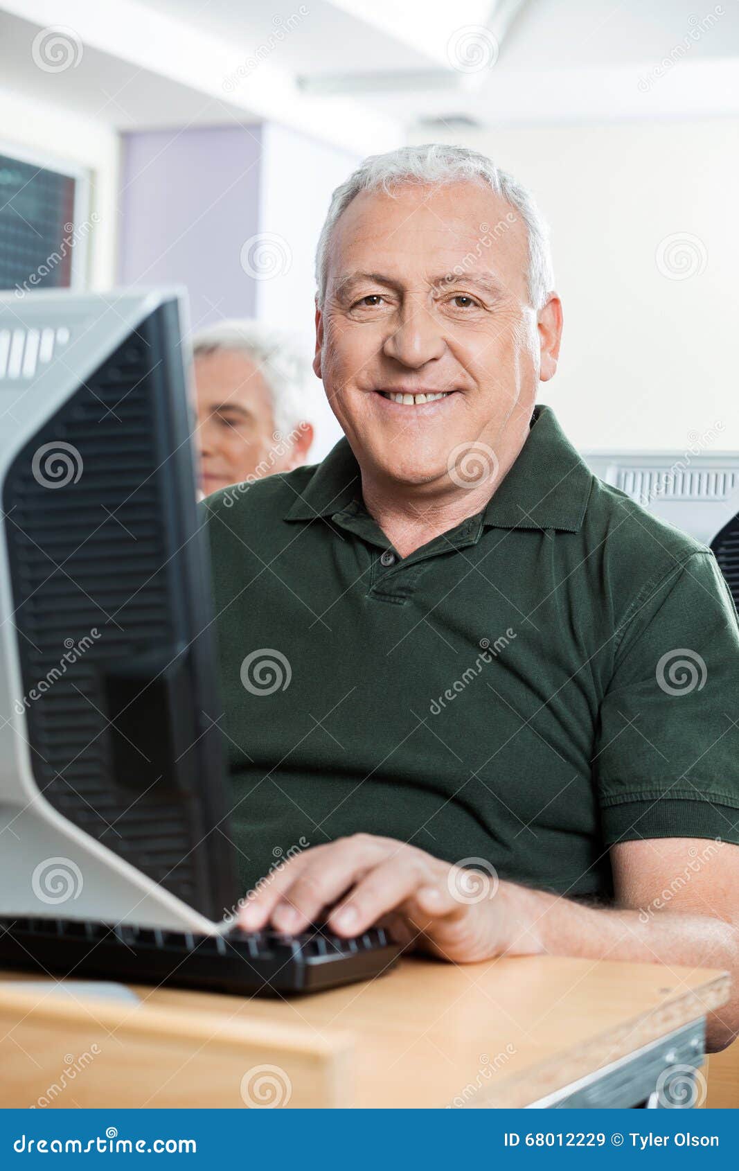 Happy Senior Man Sitting in Computer Classroom Stock Image - Image of ...