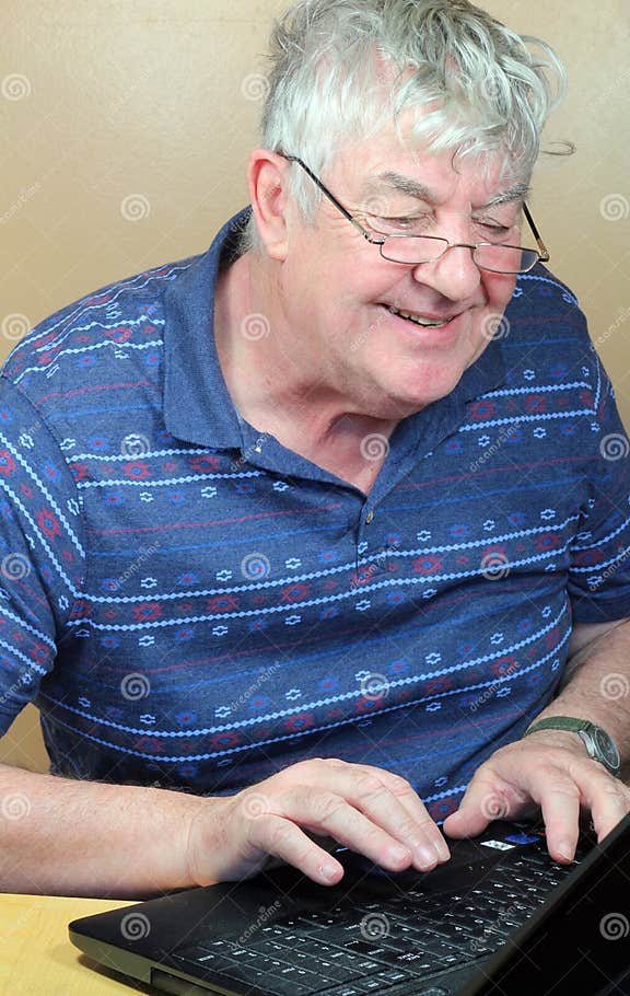 Happy Senior Using His Laptop. Stock Image - Image of kedyboard ...