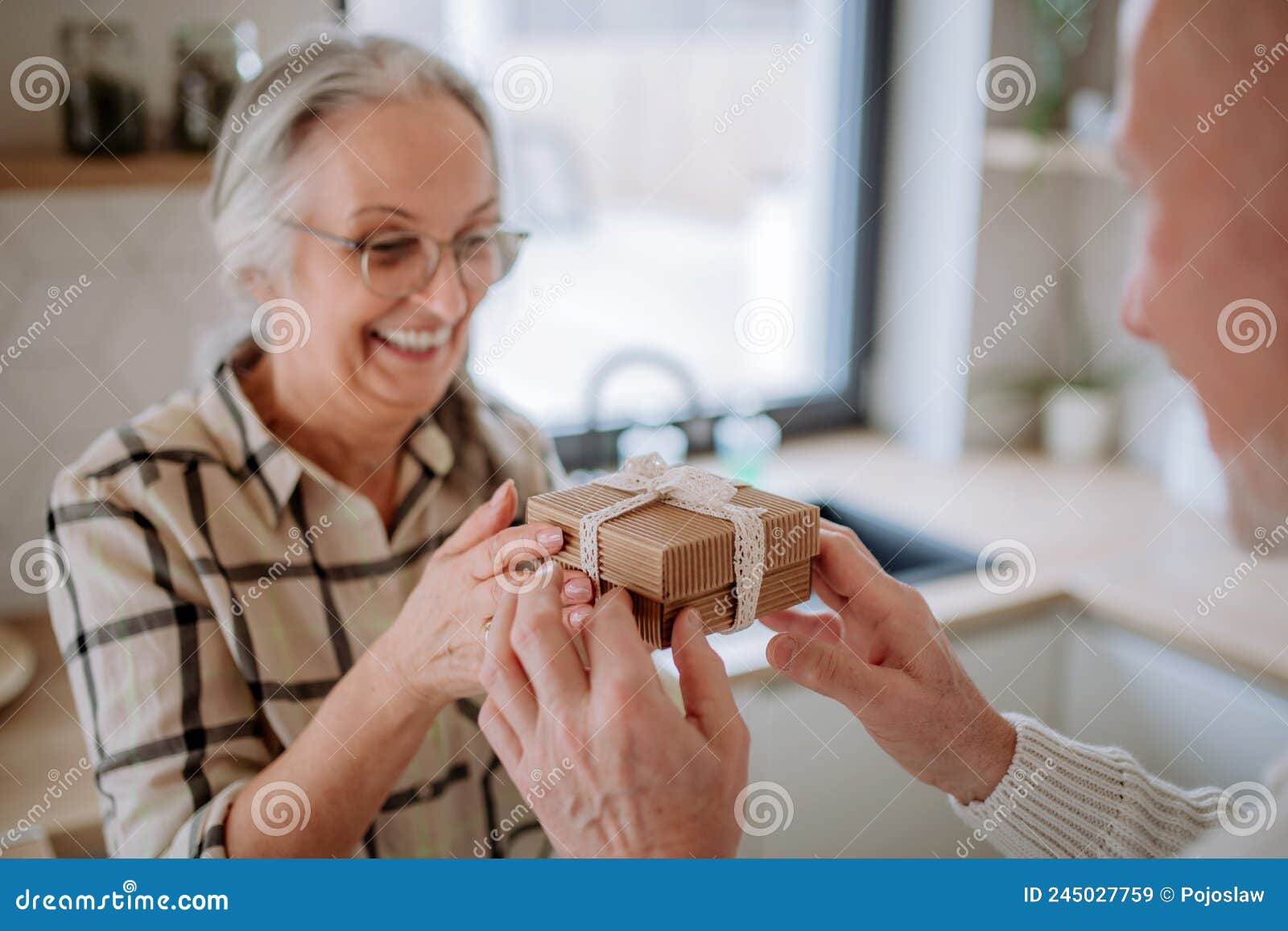 Happy Senior Woman Getting Present from Her Husband. Stock Image ...