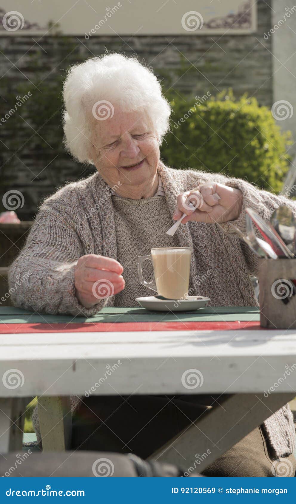 Happy Senior Woman Having Coffee Outdoors Stock Image - Image of active ...