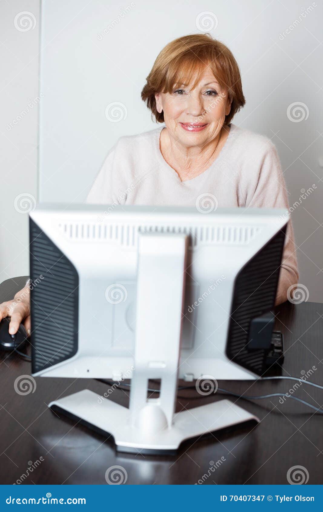 Happy Senior Woman Using Computer in Class Stock Image - Image of class ...