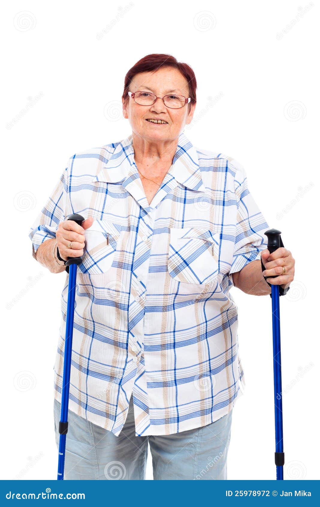 Happy Senior Woman with Walking Sticks Stock Photo - Image of ...