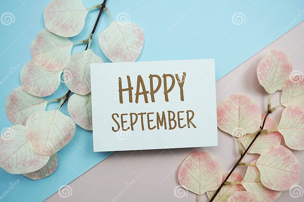 Happy September Text Message with Artificial Leave on Blue and Pink ...