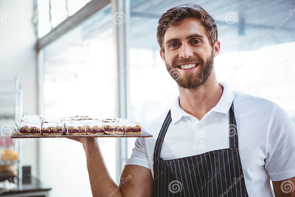 Happy Server Holding Pastry Stock Image - Image of caucasian, staff ...