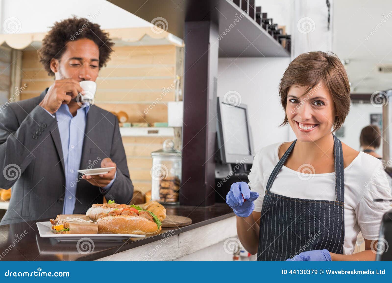 Happy Server Preparing Food at Counter Stock Image - Image of camera ...