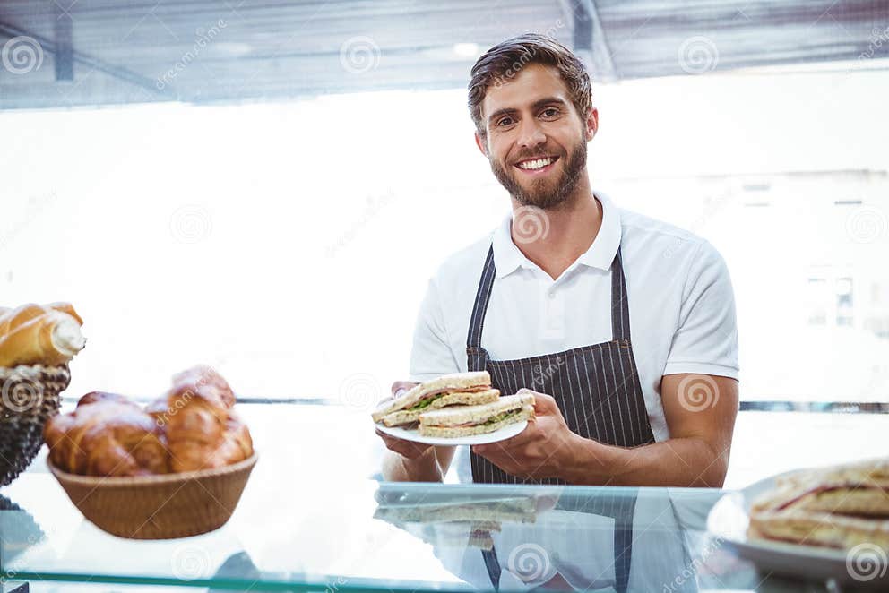 Happy Server Showing Sandwich Stock Image - Image of caucasian, retail ...