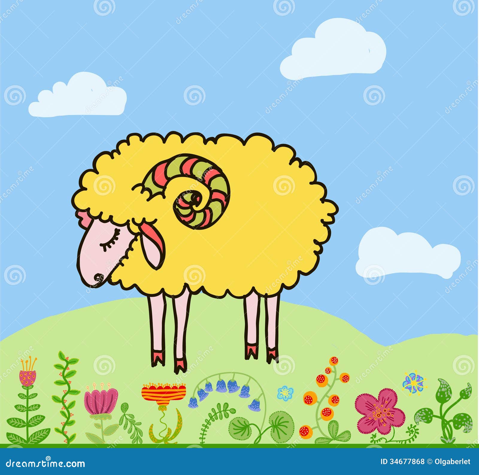 Happy sheep stock vector. Illustration of cloud, floral - 34677868