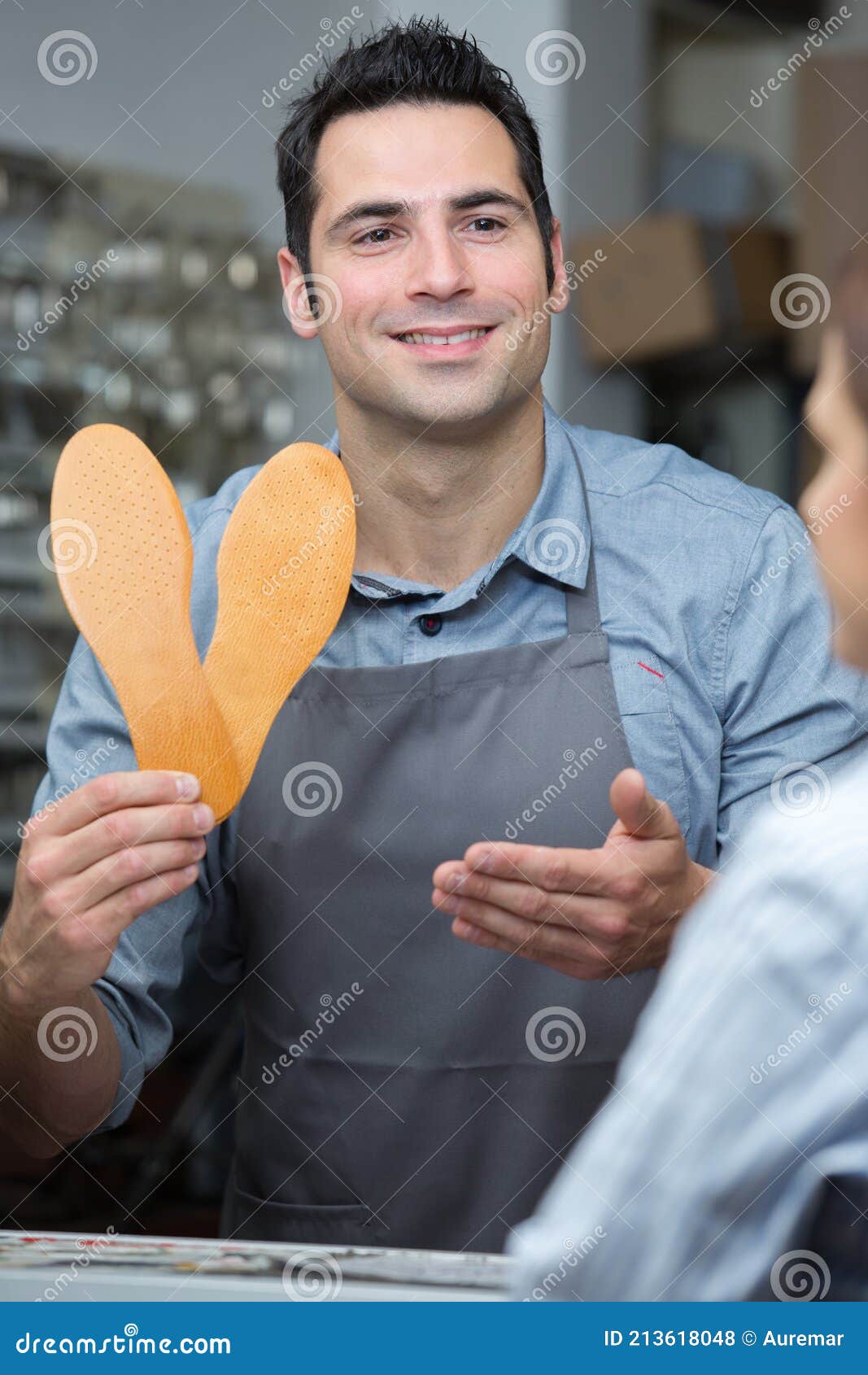 Happy Shoe Worker Holding Shoes Soles Stock Photo - Image of object ...
