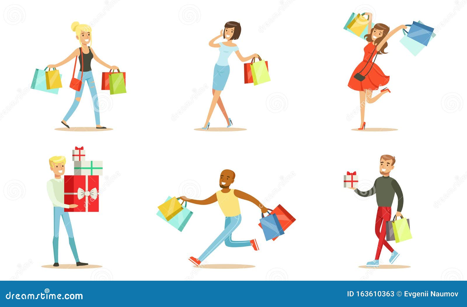 Happy Shoppers Characters With Purchases, Cartoon Vector Illustration ...
