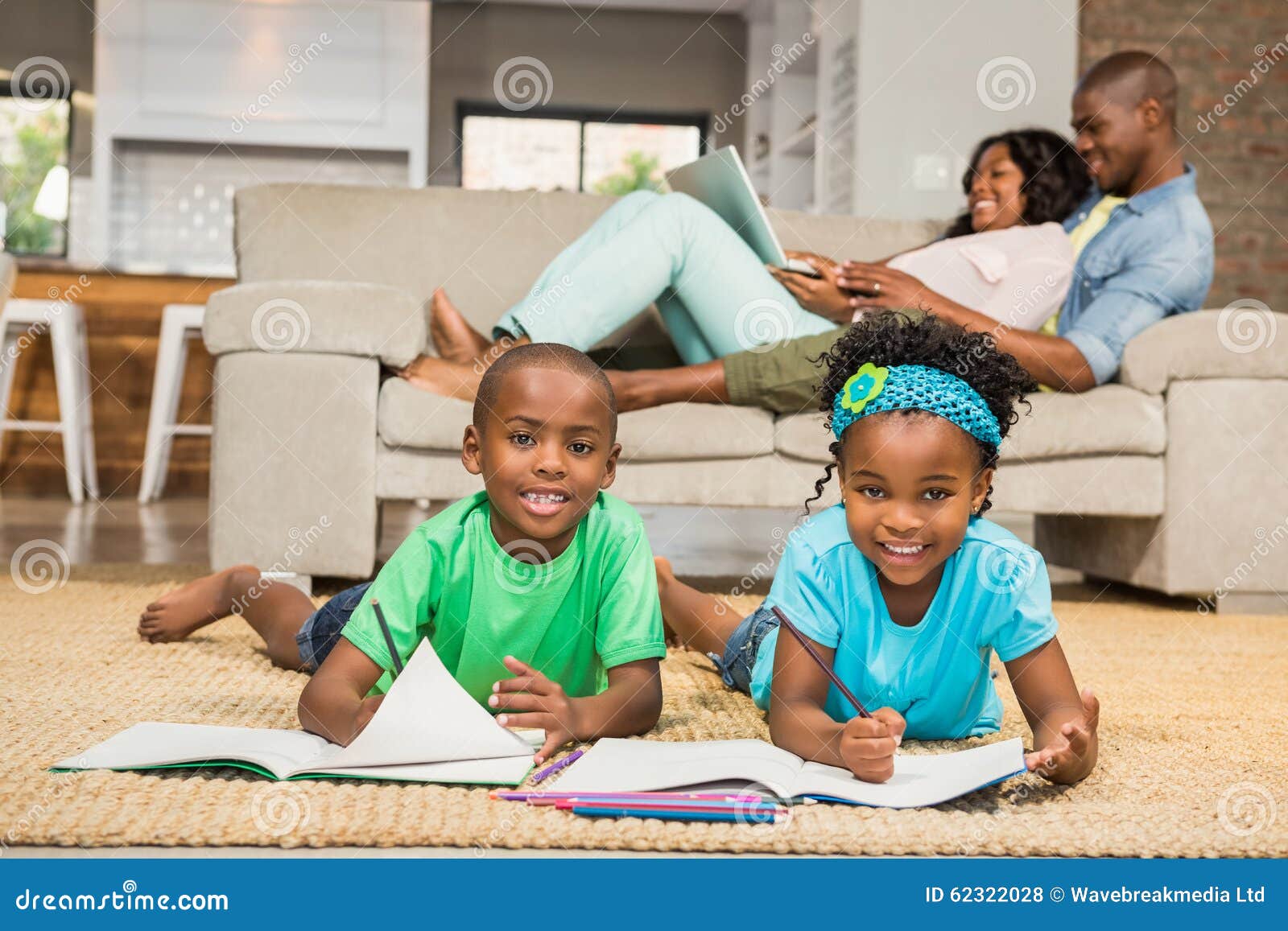 Happy Siblings on the Floor Drawing Stock Photo - Image of floor, home ...