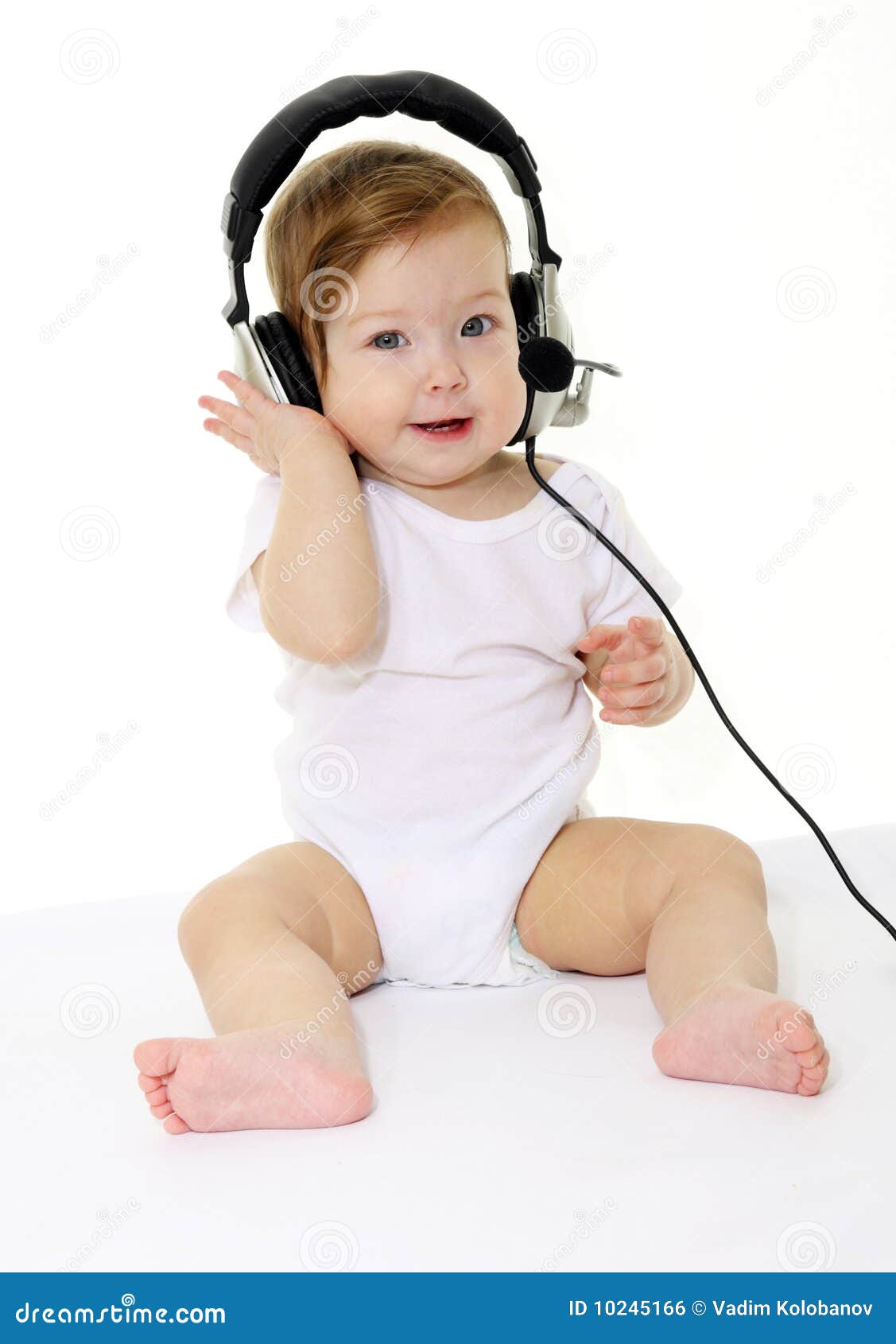 Happy Singing Baby with Black Headphones Stock Photo - Image of child ...