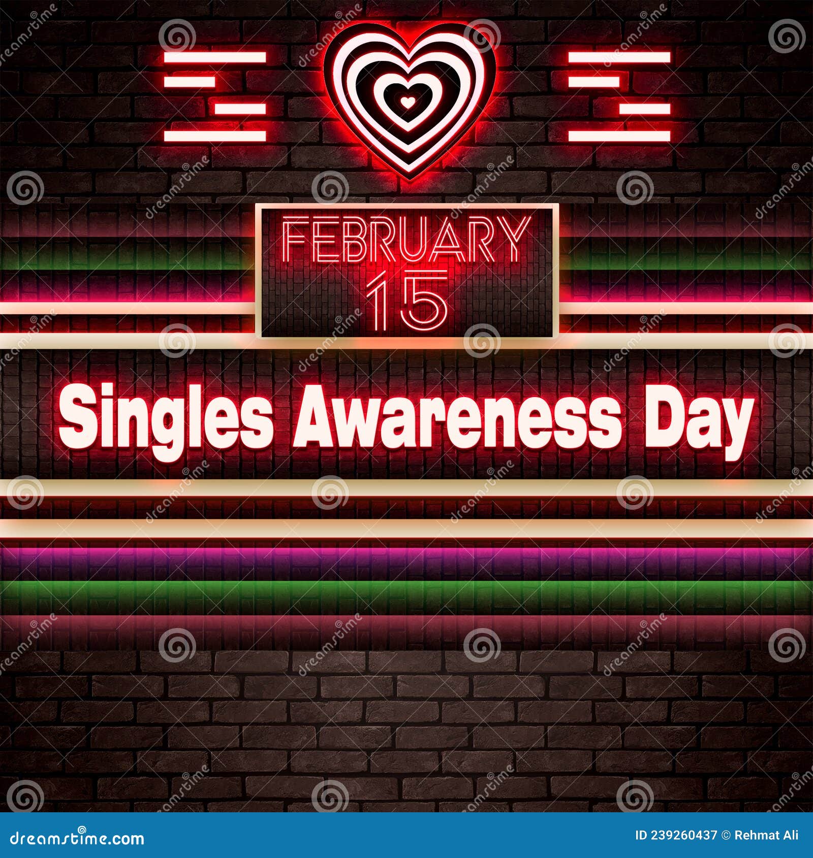 15 February, Singles Awareness Day, Neon Text Effect on Bricks ...