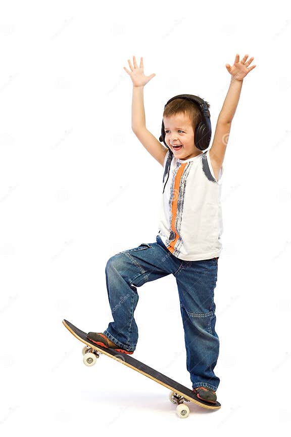 Happy skateboard kid stock image. Image of headphones - 8087353