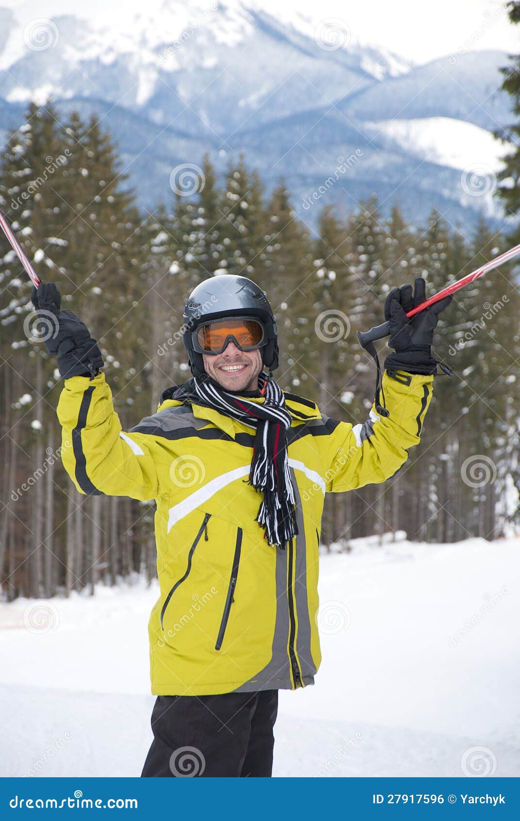 Happy skier stock photo. Image of helmet, landscape, young - 27917596