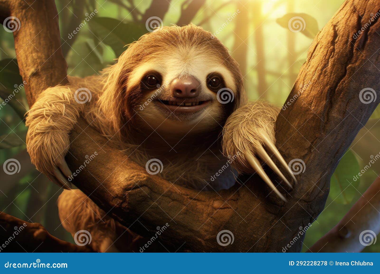 Happy sloth on the tree stock illustration. Illustration of america ...