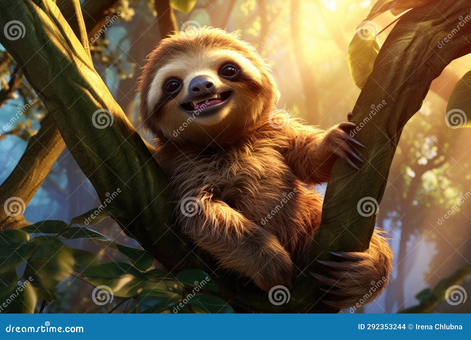 Happy sloth on the tree stock illustration. Illustration of face ...