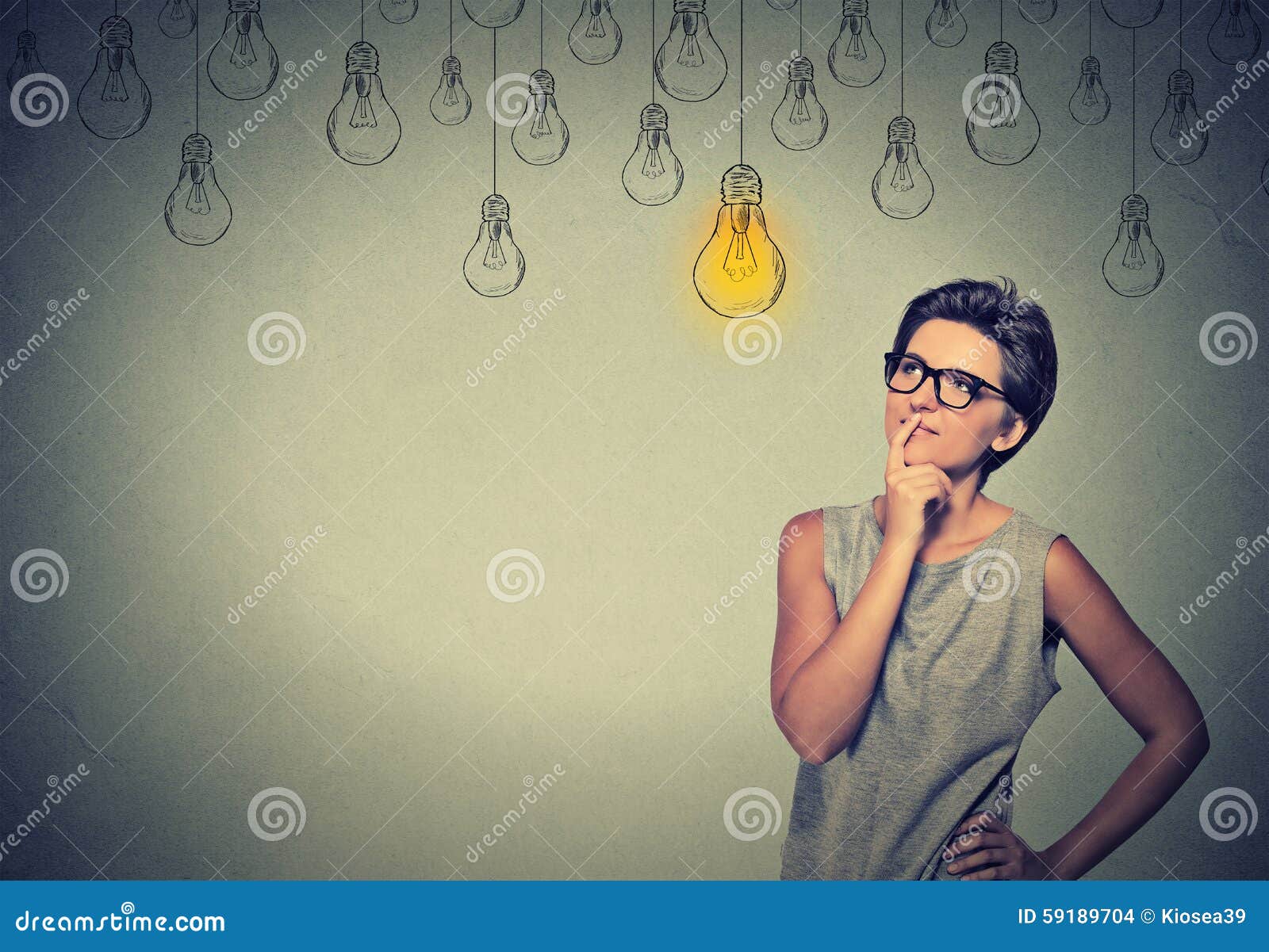 Happy Smart Girl with Glasses and Solution Lightbulb Above Head Stock ...