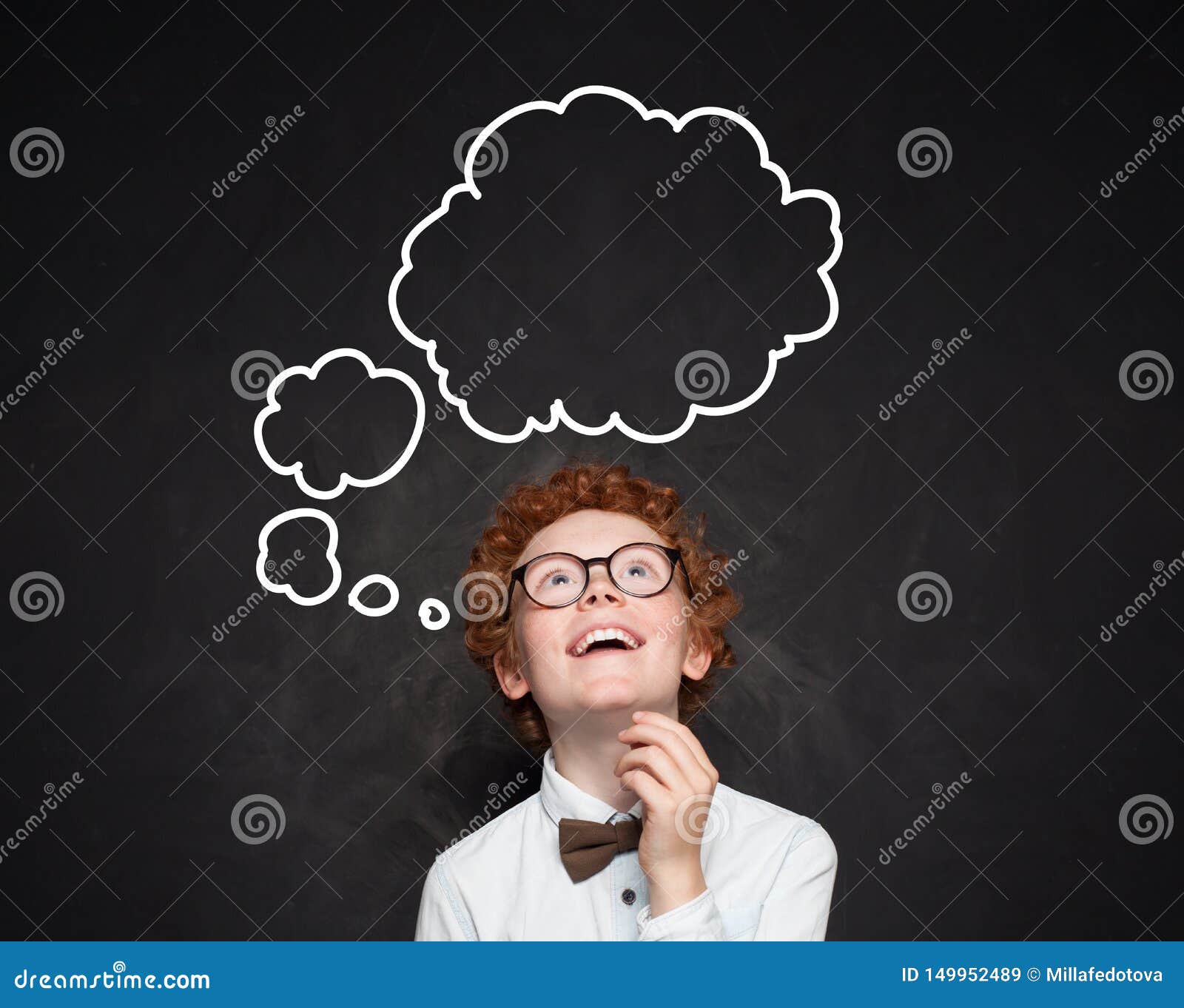Happy Smart Kid with Empty Speech Clouds Bubbles at the Classroom ...