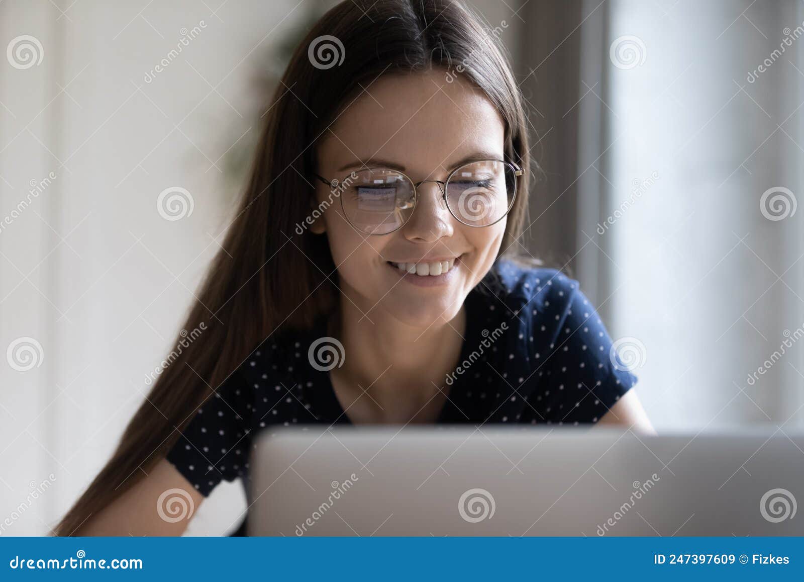 Smart Student Girl in Glasses Studying at Home, Using Computer Stock ...